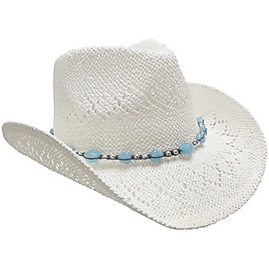 Vamuss Straw Cowboy Hat for Women with Beaded Trim and Shapeable Brim, White-Blue