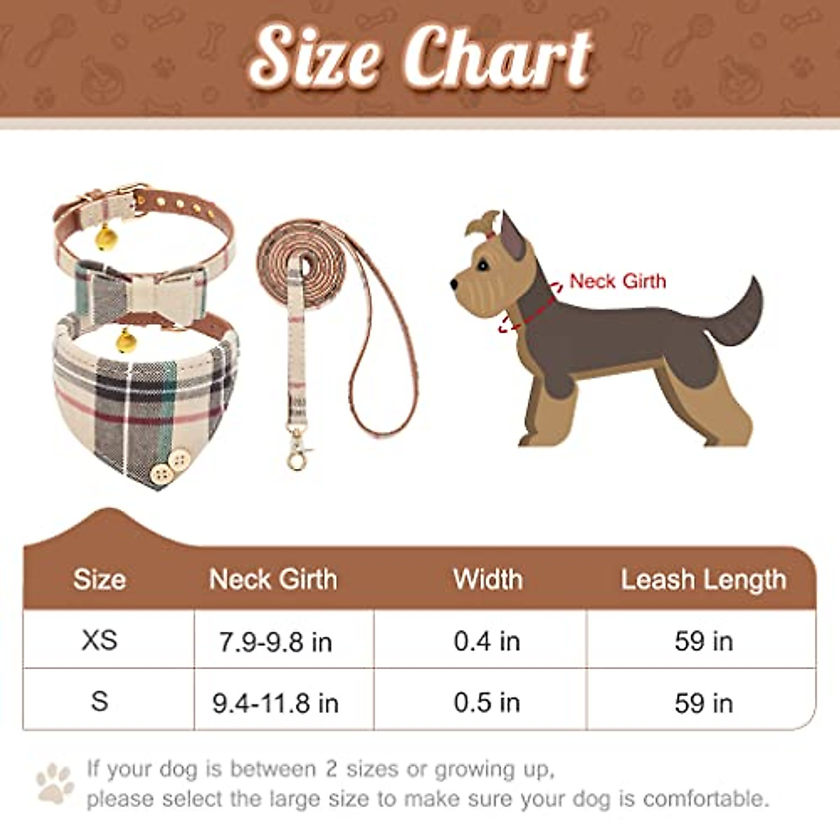 EXPAWLORER Dog Collar and Leash Set - Classic Plaid Dog Bow Tie and Dog Bandana Collar with Bell, Dog Leash Tangle Free, Adjustable Collars for Small Medium Large Dogs Cats, Holiday Ideal Gift