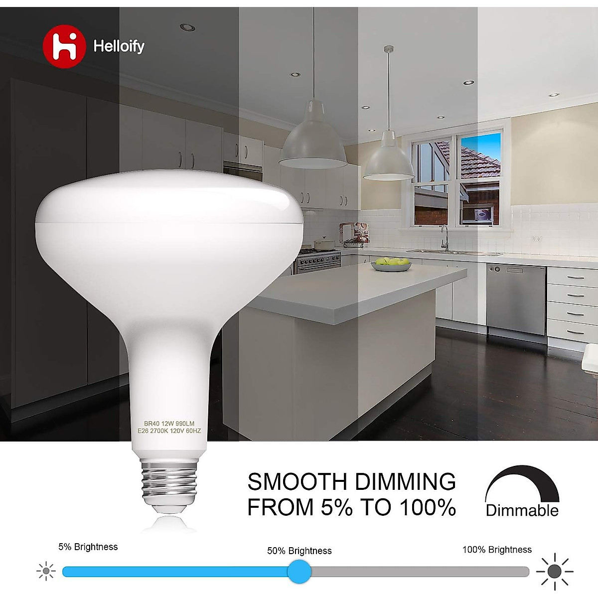 helloify Dimmable BR40 LED Flood Light Bulb 12W, 75W Equivalent, 2700K Soft White Light, Energy Saving Lamp for Office/Home, E26 Screw Base, 6PCS