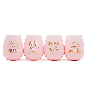 Noble Nest Pink Silicone Wine Glasses | Set of 4 Wine Cups with Wine-Theme Phrases | Unbreakable Wine Glasses - Reusable Stemless Wine Glass | Silicone Cups | Plastic Wine Glasses - Drinking Glasses