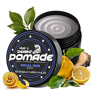 Bossman Hair & Beard Pomade - All Day Hold, Control and Moisturizing Hair, Beard and Moustache Styling Product - Natural Strong Hold Pomade - Made in USA (Royal Oud Scent)