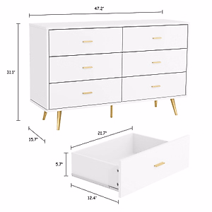JOZZBY White Dresser, 6 Drawer Dresser for Bedroom with Wide Drawers and Metal Handles, Modern Wood Storage Chest of Drawers for Living Room Hallway Entryway