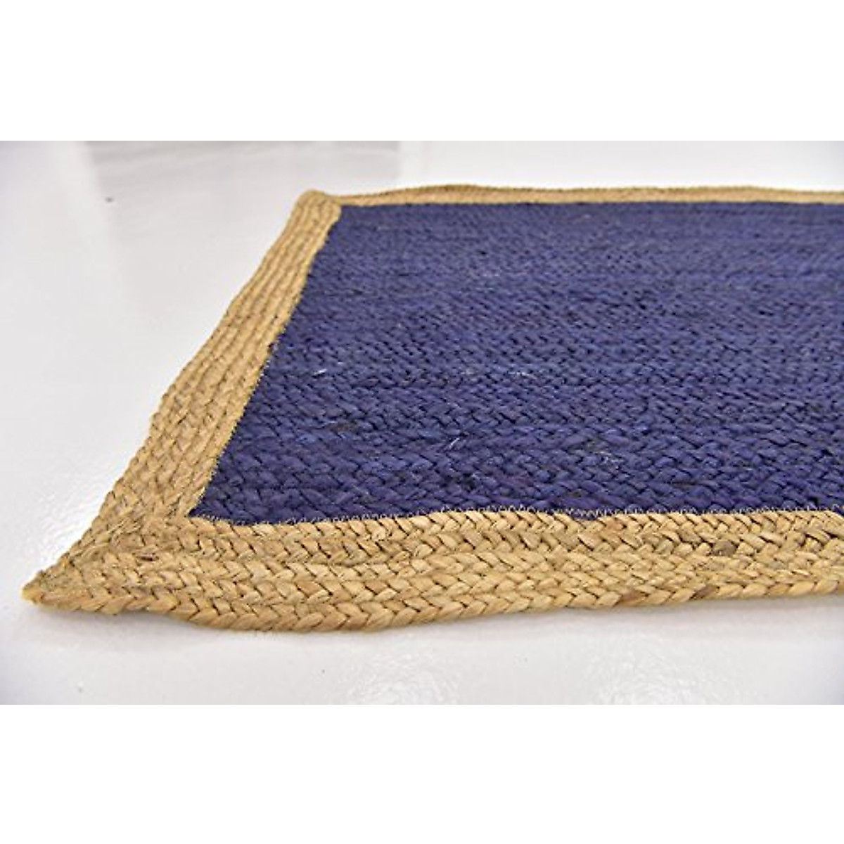 Unique Loom Braided Jute Collection Classic Quality Made Natural Hand Woven with Solid Color Detail, Area Rug, Runner 2' 6" x 6' 0", Navy Blue/Tan