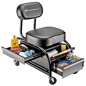 Powerbuilt Professional Car Detailers Mechanics Roller Seat, Heavy Duty Garage Stool with Thick Padded Seat and Backrest, 2 Sliding Storage Drawers, Tool Tray, Can Holders, 3in. Swivel Casters–240299