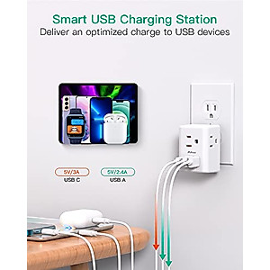 Outlet Extender Multi Plug Outlet - USB Wall Charger with 3 USB Ports (1 USB C), No Surge Protector Cruise Essentials for Ship and Travel, ETL Listed