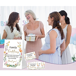 Baby Shower Games Family Traditions Sign, 1 Standing Sign and 50 Cards, Boho Floral Gender Neutral Decoration, Gender Reveal Party, Bridal Shower Favor Supplies-LT26