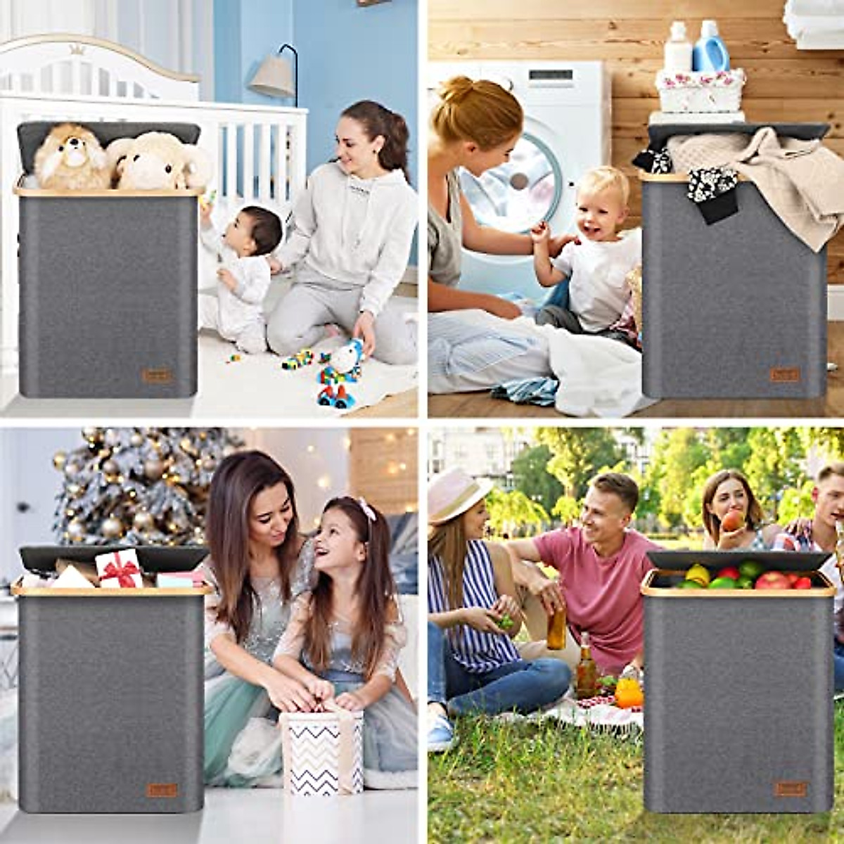 KMIGRUAN 85L Laundry Hamper with Lid, Bamboo Laundry Hamper with Handle, Grey Clothes Hamper for Bedroom, Bathroom and Closet Storage of Clothes and Towels