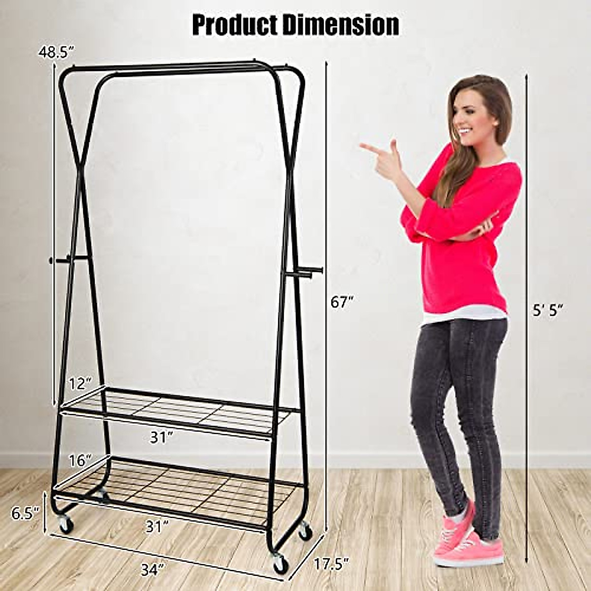 Tangkula Heavy Duty Clothes Rack with Shelves, Double Rod Rolling Garment Rack on Wheels with 4 Hooks, Portable Hanging Clothes Rack for Organizing Clothes and Shoes, Freestanding Clothing Racks