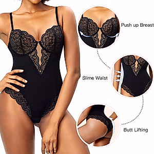 Slimers Women Lace Bodysuit Shapewear for Women Tummy Control Sexy Backless V Neck Thong Bodysuit Built in Bra