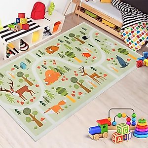 Kids Area Rug Jungle Animal Road Play Mat, with Bears Deer Fox Trees Educational Learning Game Non Slip Carpet, for Bedrooms Playroom Living Room Classroom, 3x5