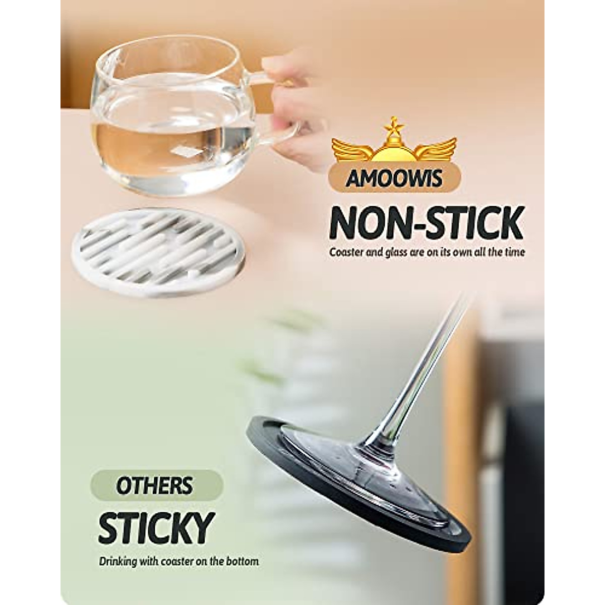 Coasters for Drinks, Silicone Coasters Set of 6, Amoowis Drink Coasters for Coffee Table with Holder, Thickened Coaster for Wooden Table, Cup, Desk, Bar, Office, Anti-Slip, Non-Stick, Easy to Clean