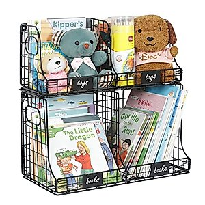 2 Tier Stackable Kids Book Organizer, Hanging Metal Bookshelf with Adjustable Dividers, Wall Floating Book Storage for Kids, Toddler, Nursery Room Decor, Black