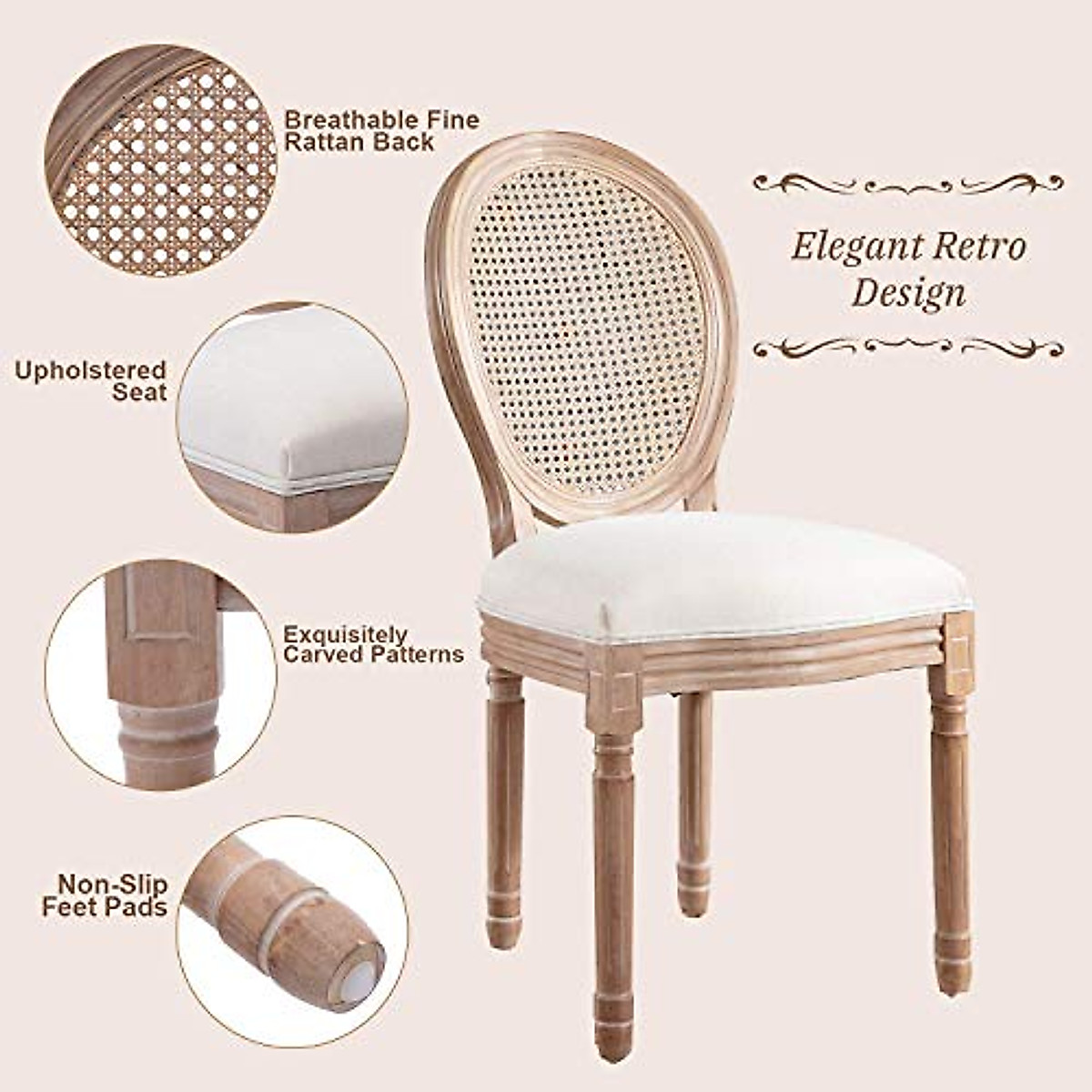 Recaceik French Country Dining Chair Set of 2, Farmhouse Dining Room Chairs with Rattan Round Back & Rubber Wood Legs Finish, Upholstered Kitchen Chairs for Dining Room/Living Room/Restaurant, Beige