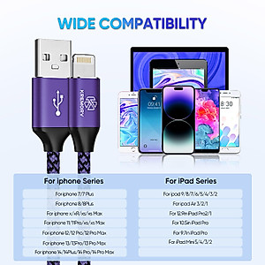 iPhone Charger 5 Pack 10 ft USB Lightning Cable Apple Mfi Certified Cable Fast Charging Cord Nylon Braided Compatible with iPhone 14 13 12 11 XS XR X Pro Max 8 7 6 6S 6 Plus Mini 5S SE Plus iPad