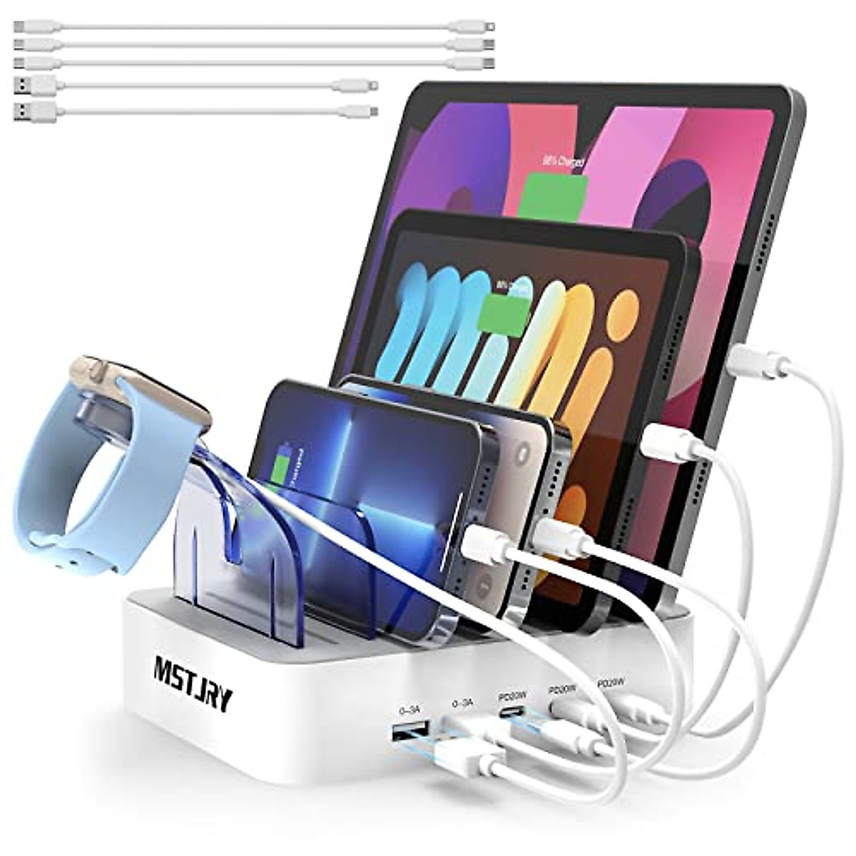 MSTJRY Fast Charging Station - USB C and USB A, 90W 5-Port PD Charger Station for Multiple Devices Apple Designed for iPad, iPhone 14 13 12 Series Galaxy Note 20 S21 S22 Tablet, Holder for Apple Watch