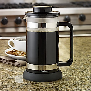 BonJour Coffee Borosilicate Glass French Press with Coaster & Scoop, 33.8-Ounce, Riviera, Black