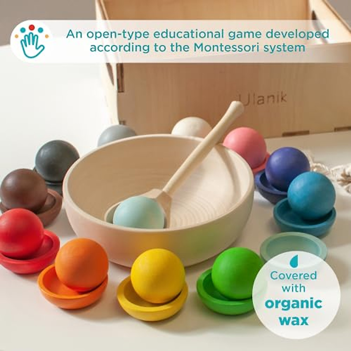 Ulanik Balls on Plates Toddler Montessori Toys for 1+ Year Old Kids Wooden Matching Game for Learning Color Sorting and Counting — 12 Balls, 1.18 in