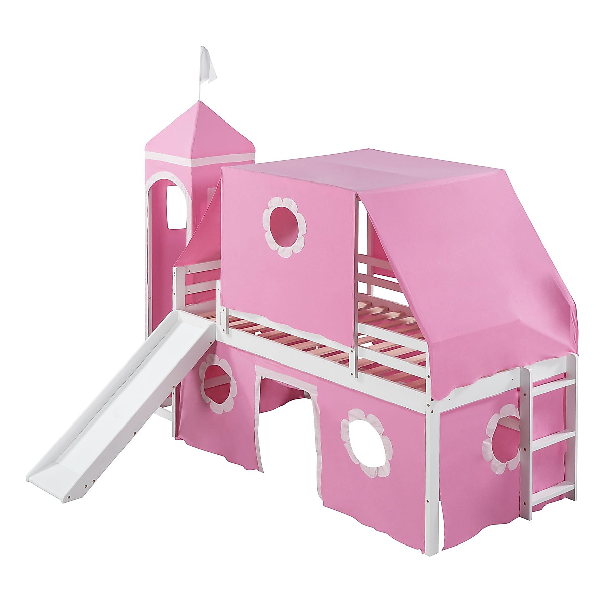 Pink Twin Size Loft Bed with Slide, Windows and Tent, Safe Playhouse Design with Guardrails and Ladder, No Box Spring Required, Perfect for Kids Bedrooms, Pink
