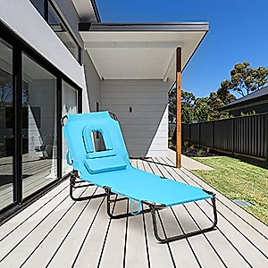 Giantex Outdoor Chaise Lounge Chair - Folding Beach Chair with 5 Adjustable Positions, Hole, Detachable Pillow, Hand Ropes, Lounger for Sunbathing, Poolside, Yard, Patio Lawn Chair