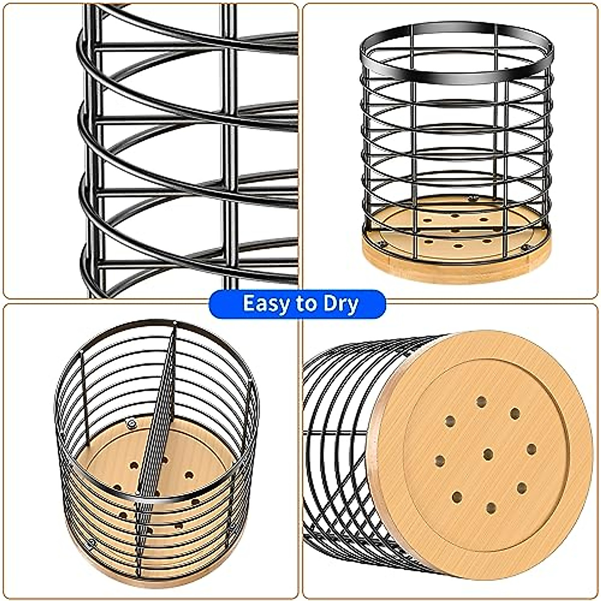 Toosci Kitchen Utensil Holder - Stainless Steel and Bamboo Utensil Holder, Utensil Holder for Kitchen Counter, Large