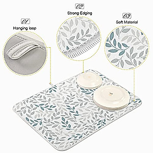 Grey and Blue Leaves branches Dish Drying Mat 16x18 for Kitchen Gray Leaves Botanical Spring Flowers Dishes Pad Dish Drainer Rack Mats Absorbent Fast Dry Kitchen Accessories