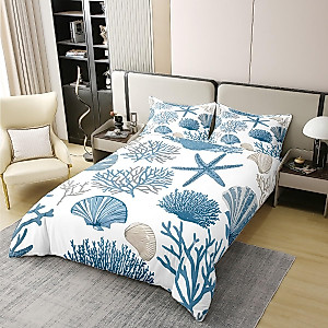 jejeloiu Boys Girls Abstract Bedding Set Twin Size, Ocean Duvet Cover Set 100% Cotton Beach Cotton Duvet Cover with 1 Pillow Case Kids Starfish Shell Teens Comforter Cover