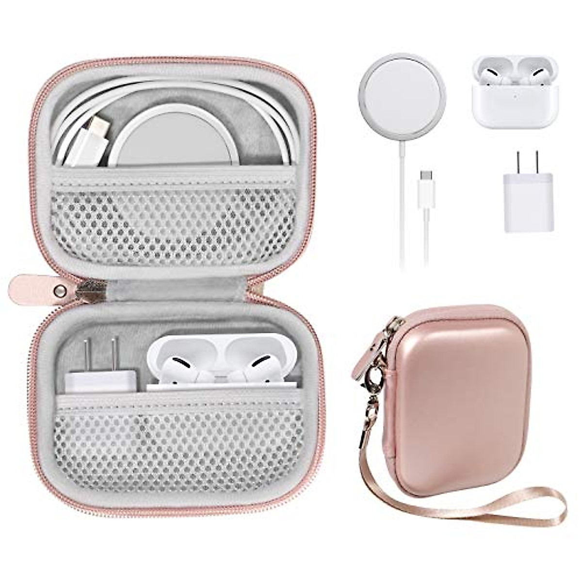 Travel Protection and Storage Case for Airpods Case, Featured Design, mesh Pouches for airpods case, Wall Charger and Cable, (Rose Gold)