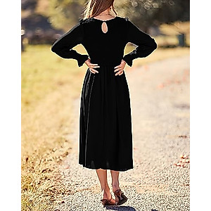dowerme Women Casual Petal Long Sleeve Crewneck Smocked A-Line Flowy Solid Maxi Dress Fall Winter Party Cocktail Dresses(Solid Black,Large)