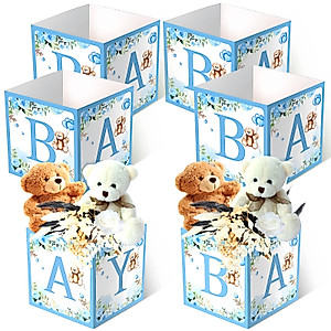 Bucherry 6 Pcs Baby Shower Party Decorations Baby Flower Boxes Centerpiece Rustic Table Display with Letters Gender Reveal Party Favor Block Holder(Blue,Blue Bear)