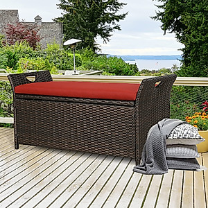 PATIO TREE 40 Gallon Outdoor Storage Bench Rattan Deck Box Patio Steel Frame Wicker Storage Container with Cushion, Red NPT-900004