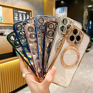 Uioeua Compatible with iPhone 13 Pro Max Magnetic Clear Case,Luxury Plating Bling Transparent Shockproof MagSafe Case with Full Camera Lens Protector for iPhone 13 Pro Max Women Girl Men-Sky Blue