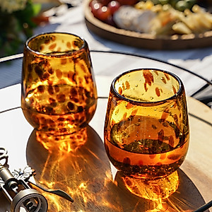 Segunda Vida Tortuga Tortoise Shell colored Stemless Wine Glasses Set - Hand Blown Colorful Wine Glasses - Amber 100% Recycled Glassware Made in Mexico, 13oz, Set of 2