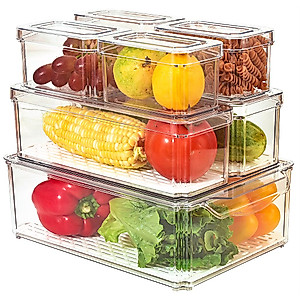 Cozihom Stackable Refrigerator Organizer Bins with Lids, Fridge Organization and Storage Containers, BPA-Free Plastic Pantry Bins for Fruits, Vegetable, Drinks, With Drain Tray, Set Of 7