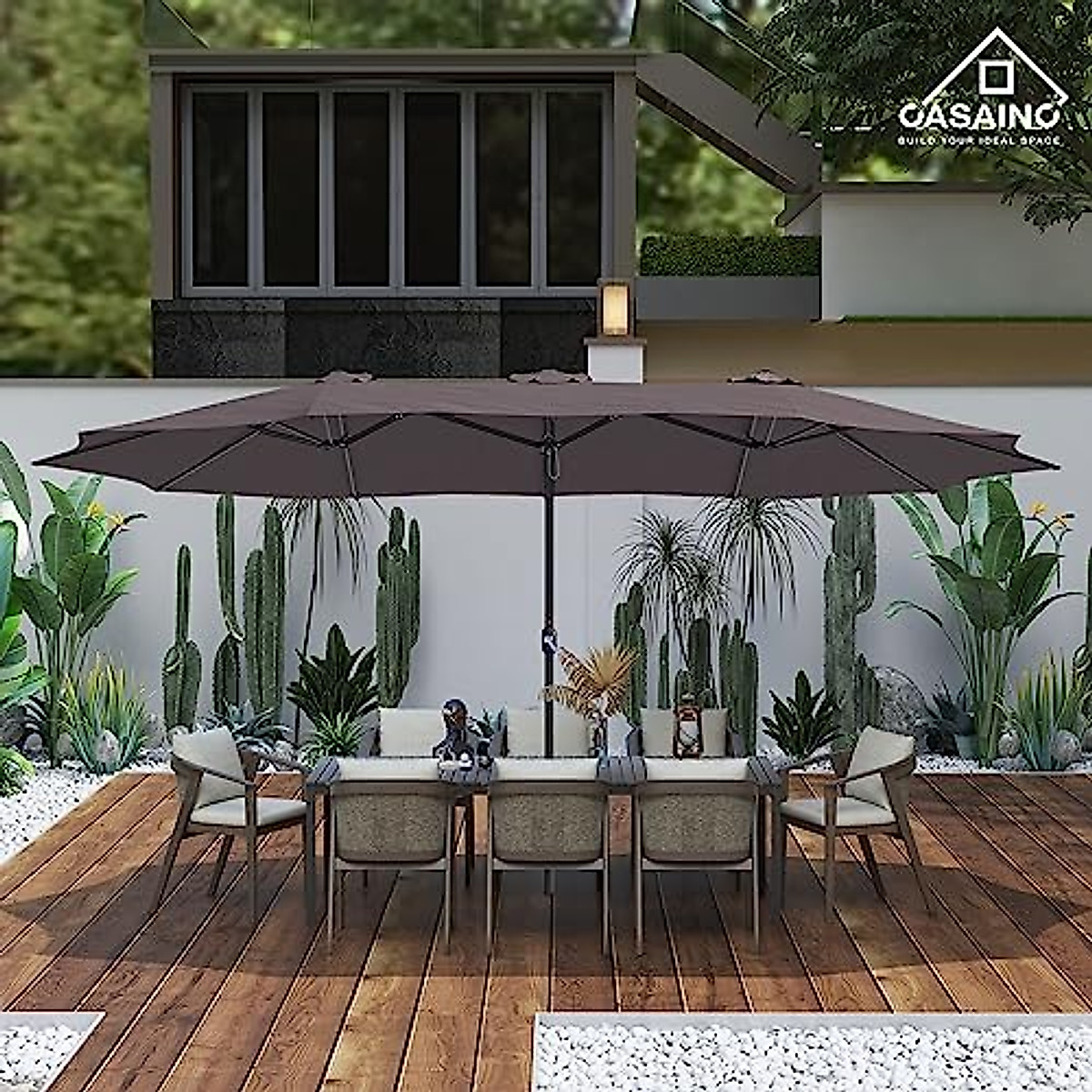 CASAINC 15 FT Patio Umbrella with Base Double-Sided Extra Large Outdoor Umbrella Market Rectangular Twin Umbrella w/Crank for Garden Deck Lawn Pool Backyard-Coffee (without Lights)