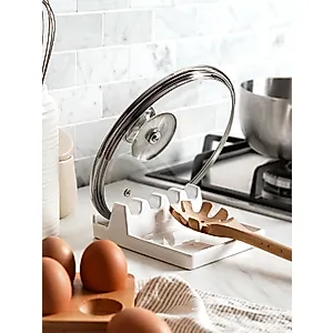 LE TAUCI Ceramic Spoon Rest for Stove Top, Spoon and Lid Rest for Kitchen Counter, Spoon Holder with Drip Pad for Multiple Utensils, Heat-Resistant, Housewarming Present - 6.2 inch, Set of 1, White