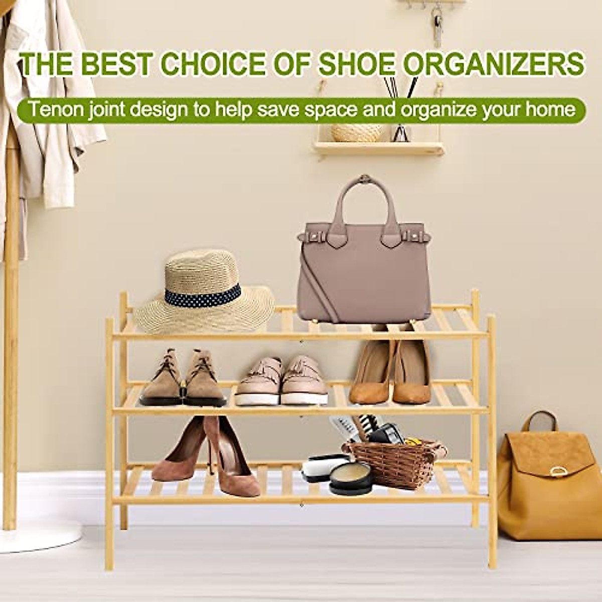 WANGMUXIA 3-Tier Bamboo Shoe Rack，Free Standing Shoe Racks Stackable Shoe Rack，Entryway，Hallway, Bathroom and Living Room，Multifunctional Bamboo Rack in Different Combinations (3-Tier)