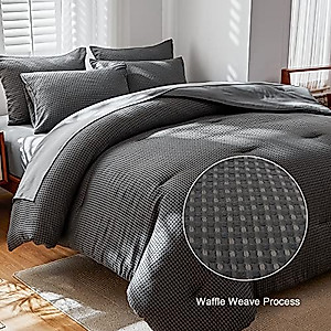WARMDERN Grey Comforter Set King Size Waffle Weave Lightweight Bedding Comforter Sets Soft Microfiber Down Alternative Comforter 7 Pieces Bed in A Bag All Season(Gray, King)