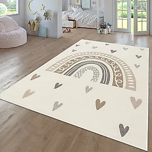 Paco Home Kids Room Rug with Rainbow and Hearts in Beige Brown, Size: 5'3" x 7'3"