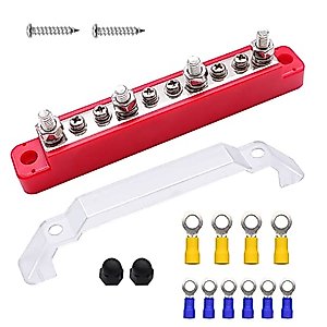 Aienxn Red Battery Bus Bar 4 x M6 Terminal Studs, 6 x M4 Terminal Screws, 12V Power Distribution Block with Ring Terminals for Car, RV, Boat, Marine Q-O-038-10-B-R
