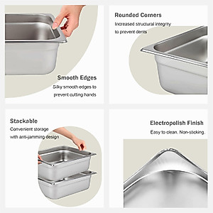 NADDA Anti-jamming 1/2 Size Steam table pan, 6-Pack Stainless steel Pan for Commercial food warmer, Food warmer buffet container, Chafing Dish set, 22 gauge. Baking Pan, Freezer storage. (4" Depth)