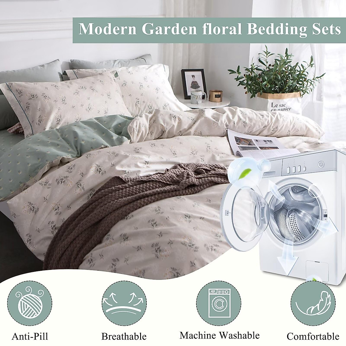 VClife Soft Cotton Queen Duvet Cover Breathable Beige Sage Green White Floral Bedding Duvet Cover for Girl Skin-Friendly Bedding Duvet Cover with Zipper Closure - 1 Duvet Cover and 2 Pillowcases