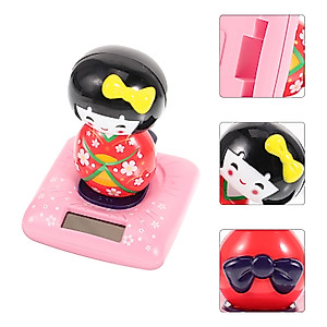 Amosfun Solar Powered Bobble Shaking Head Dancing Toy Japanese Kokeshi Doll Figurines Statues Car Dash Board Decorations Red