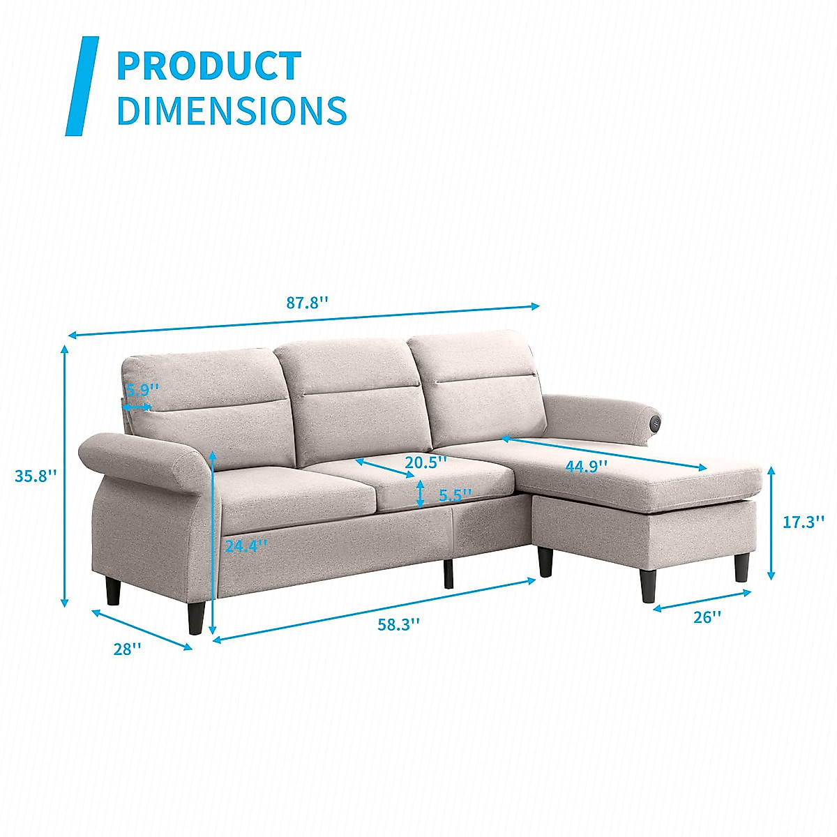 Mjkone 86" Convertible Sectional Sofa Couch, 3 Seat Sofas with 2 USB Ports and Adjustable Armrest, L Shaped Couch with Reversible Chaise, Couches for Living Room Apartment Office - Beige