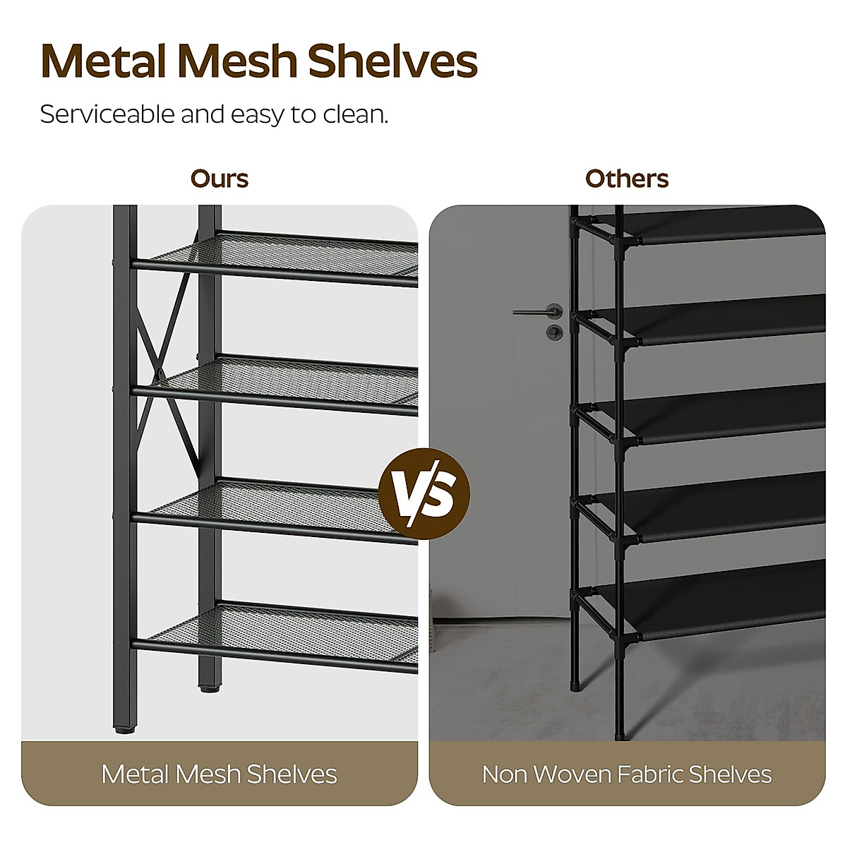 YATINEY 5 Tier Shoe Rack, Large Capacity Shoe Storage Organizer, Metal Shoe Shelf with Drawer and Wooden Top, for 16 Pairs of Shoes, for Entryway, Closet, Rustic Brown and Black SS25BR