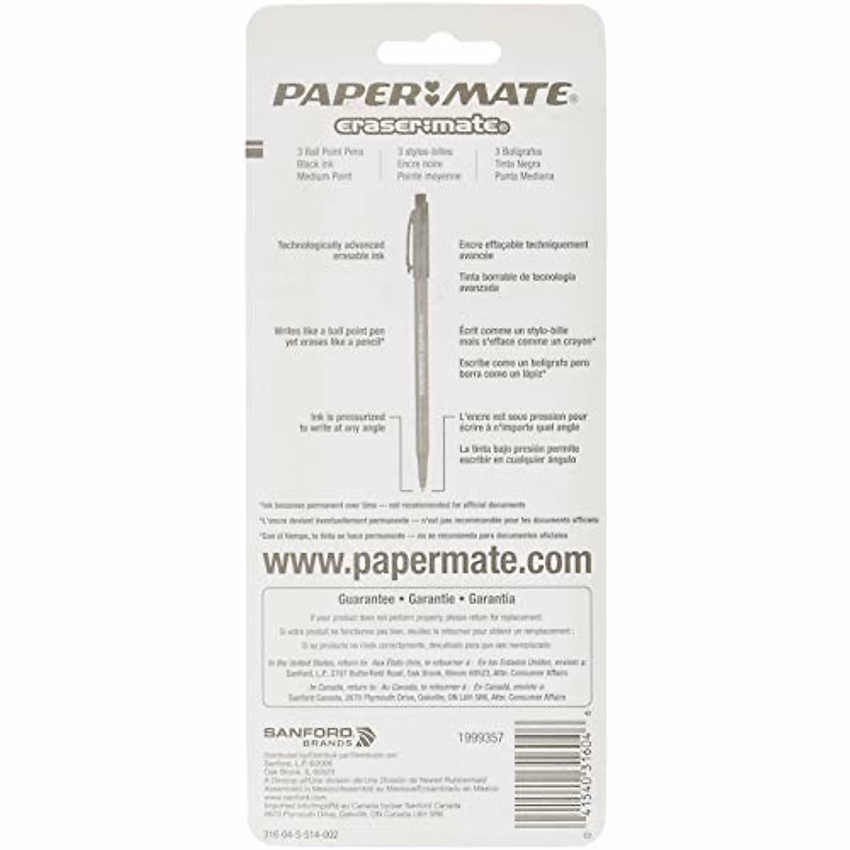Paper Mate EraserMate Pen Stick, Stick Ball Point Pen Black Barrel Medium-1.0mm, 3-Carded, Black Ink (SAN-3160458PP)