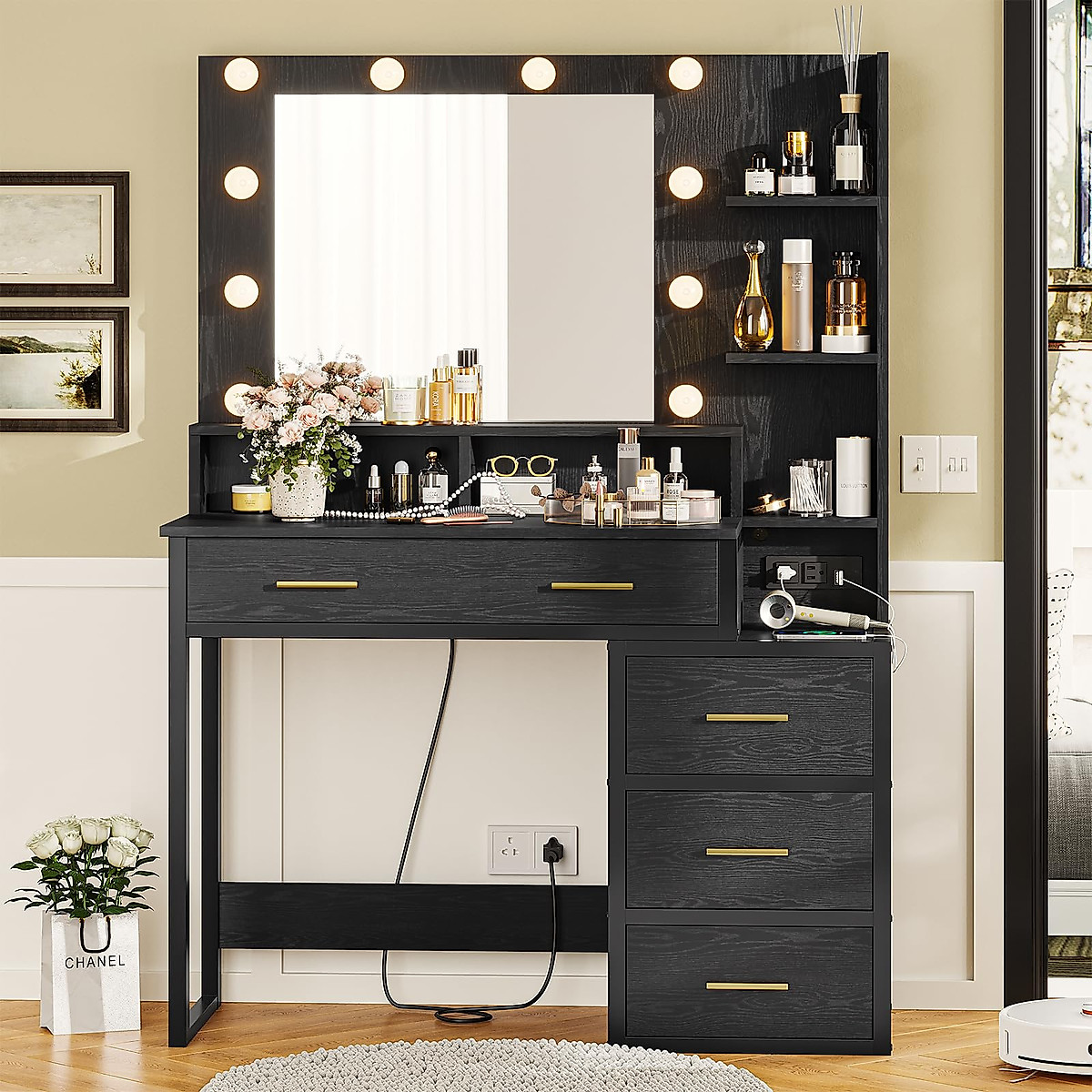 BTHFST Makeup Vanity with Lights and Charging Station, Black Vanity Desk with Mirror and Lights, Makeup Table with 5 Drawers and Shelves, Vanity Mirror with Lights Desk, Black Wood Grain