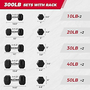 RITFIT 300/350/450/220 LB Rubber Hex Dumbbells Set with Optional Dumbbell Rack, Multi Weight Set to Choose, Ideal for Home Gym and Fitness (300LBS Set with Rack)