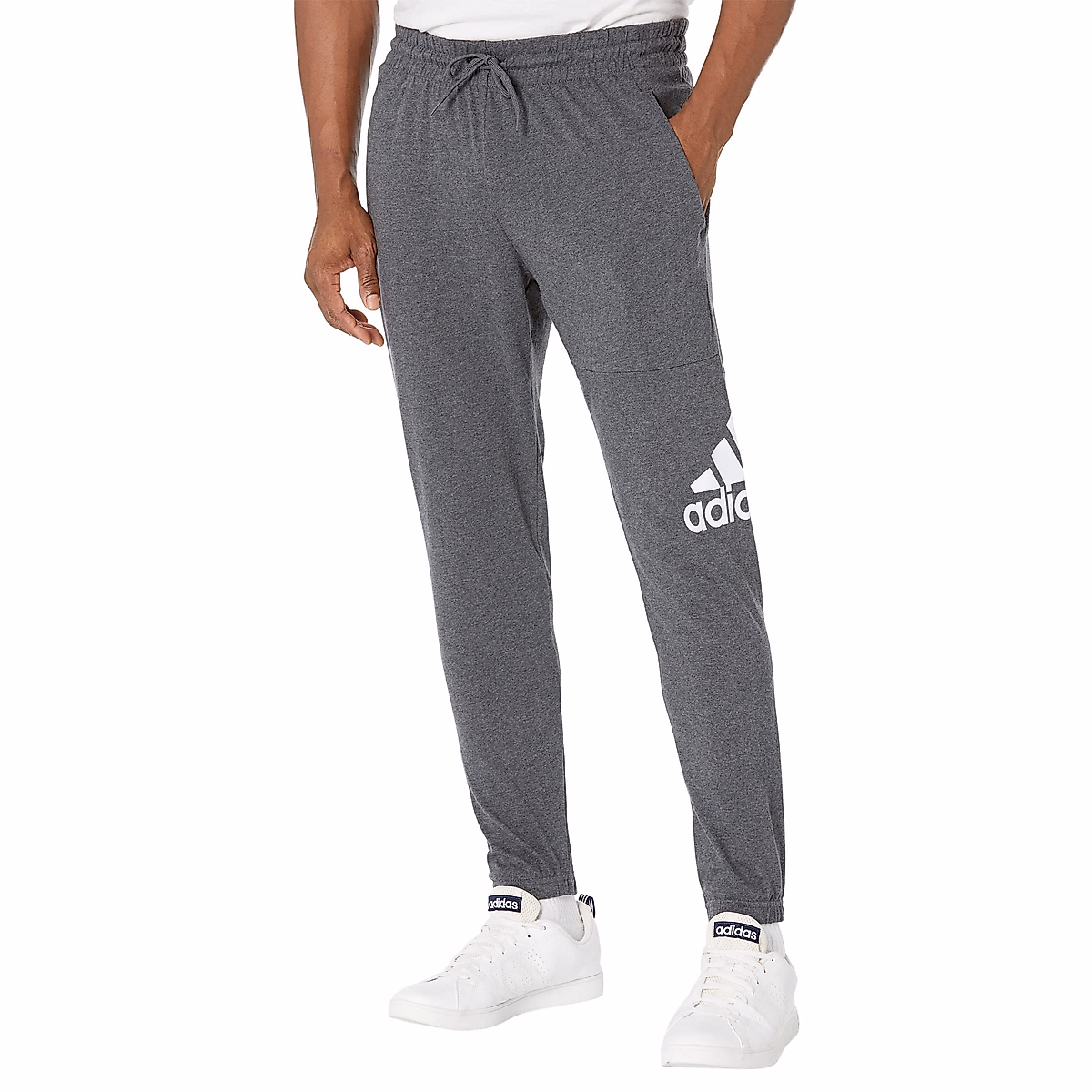 adidas Men's Essentials Single Jersey Tapered Badge of Sport Pants, Dark Grey Heather, X-Large