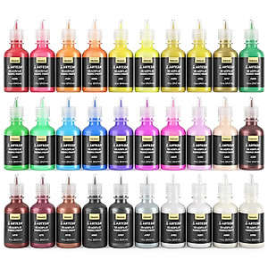 ARTEZA Fabric Paint, 30 Colors, Permanent 3D Paint, Glow-in-the-Dark, Glitter, Neon, and Metallic Hues, 30-ml Bottles, for Textiles, Canvas, and Wood