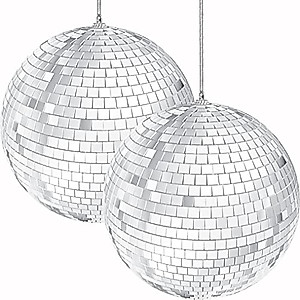 Mirror Disco Ball 4" Inch 2-Pack, Silver Hanging Ball with Attached String for Ring, Reflects Light, Fun Party Home Bands Decorations, Party Favor